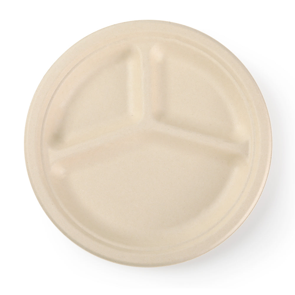 9" Disposable Bamboo 3-Compartment Round Plates - 125 Plates | Revo ...